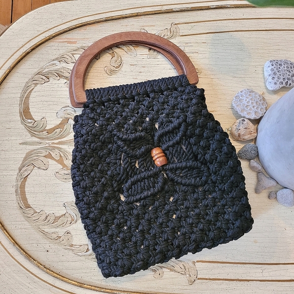 Vintage | Bags | Vintage Macrame Purse 97s Black Wood Euc | Poshmark